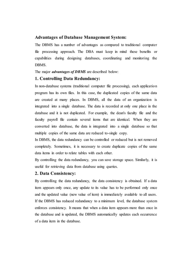 Advantages of database management system | DOCX | Databases | Computer ...