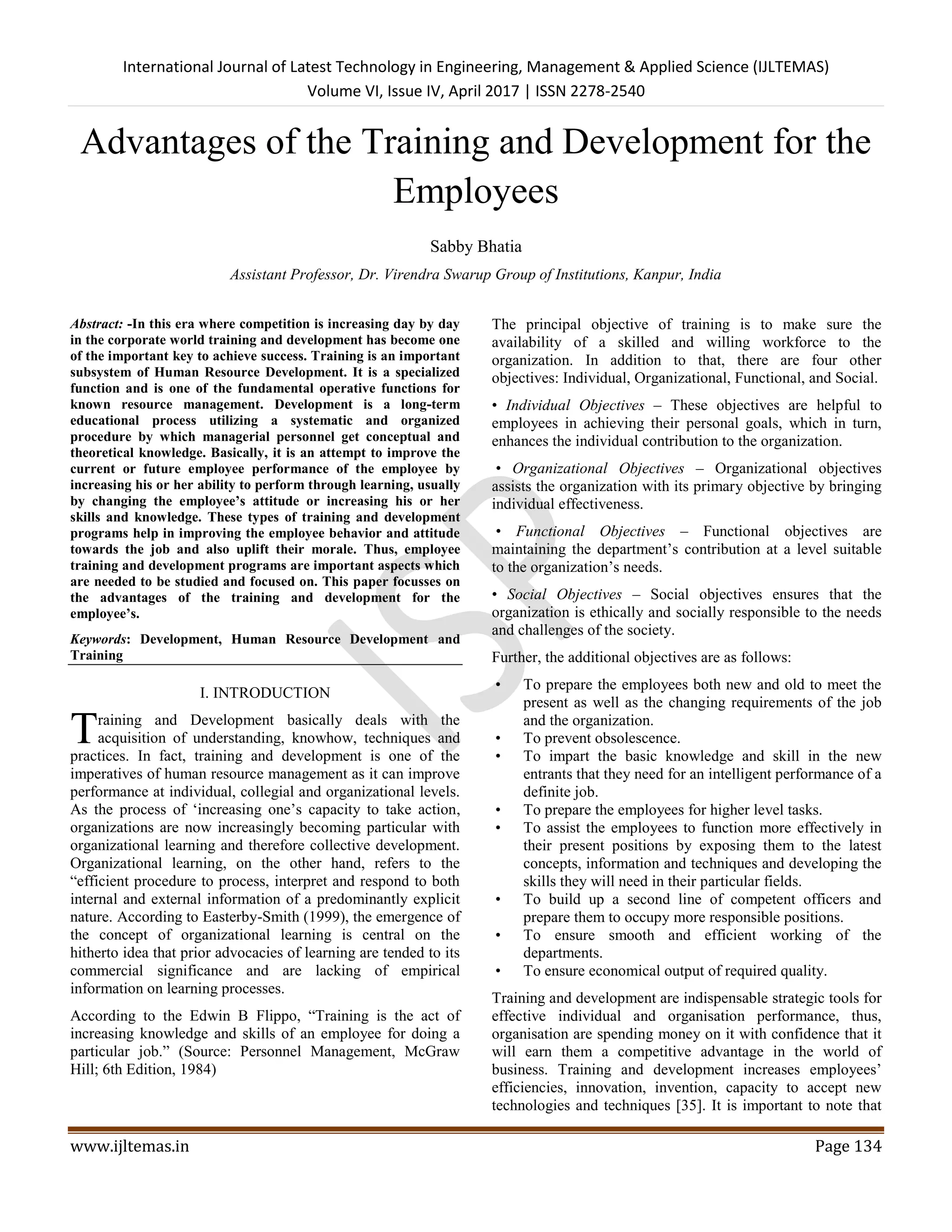 Advantages of the training and development for the employees | PDF