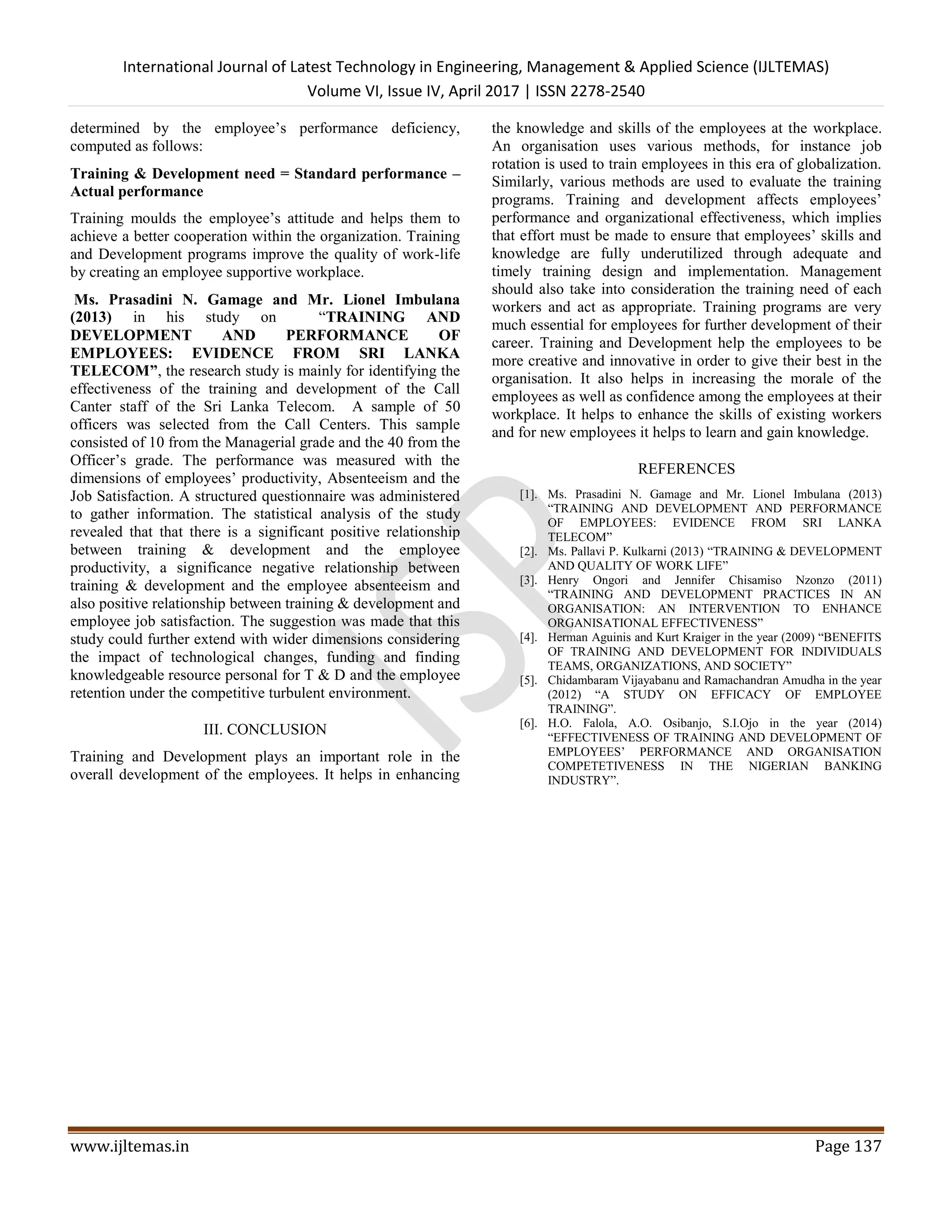 Advantages of the training and development for the employees | PDF