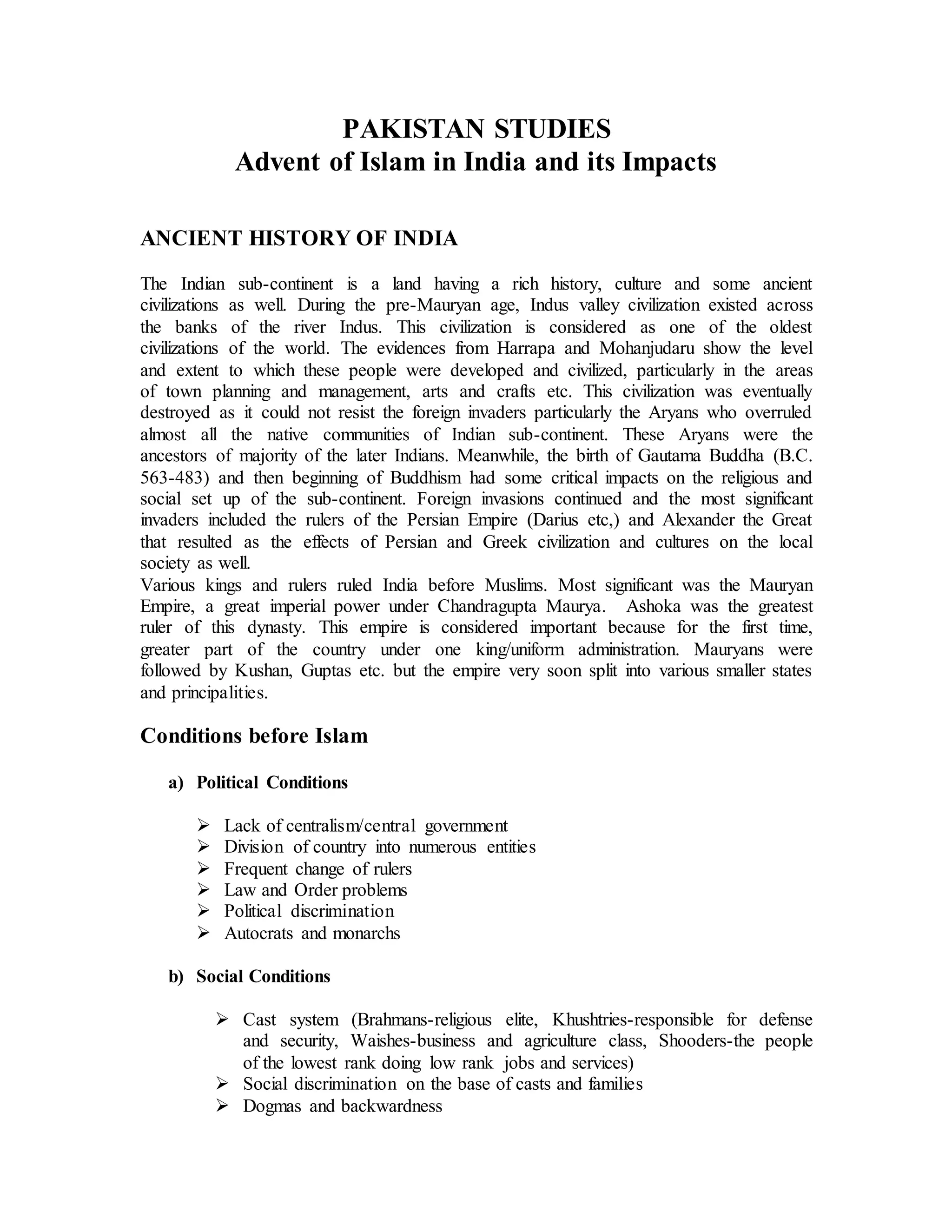 Advent of islam and impacts in the indian subcontinent | DOC