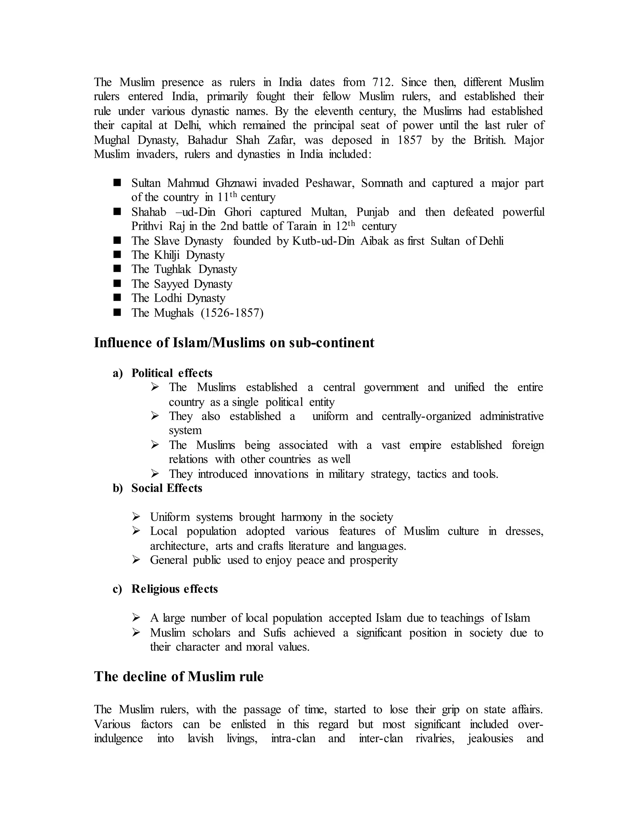 Advent of islam and impacts in the indian subcontinent | DOC