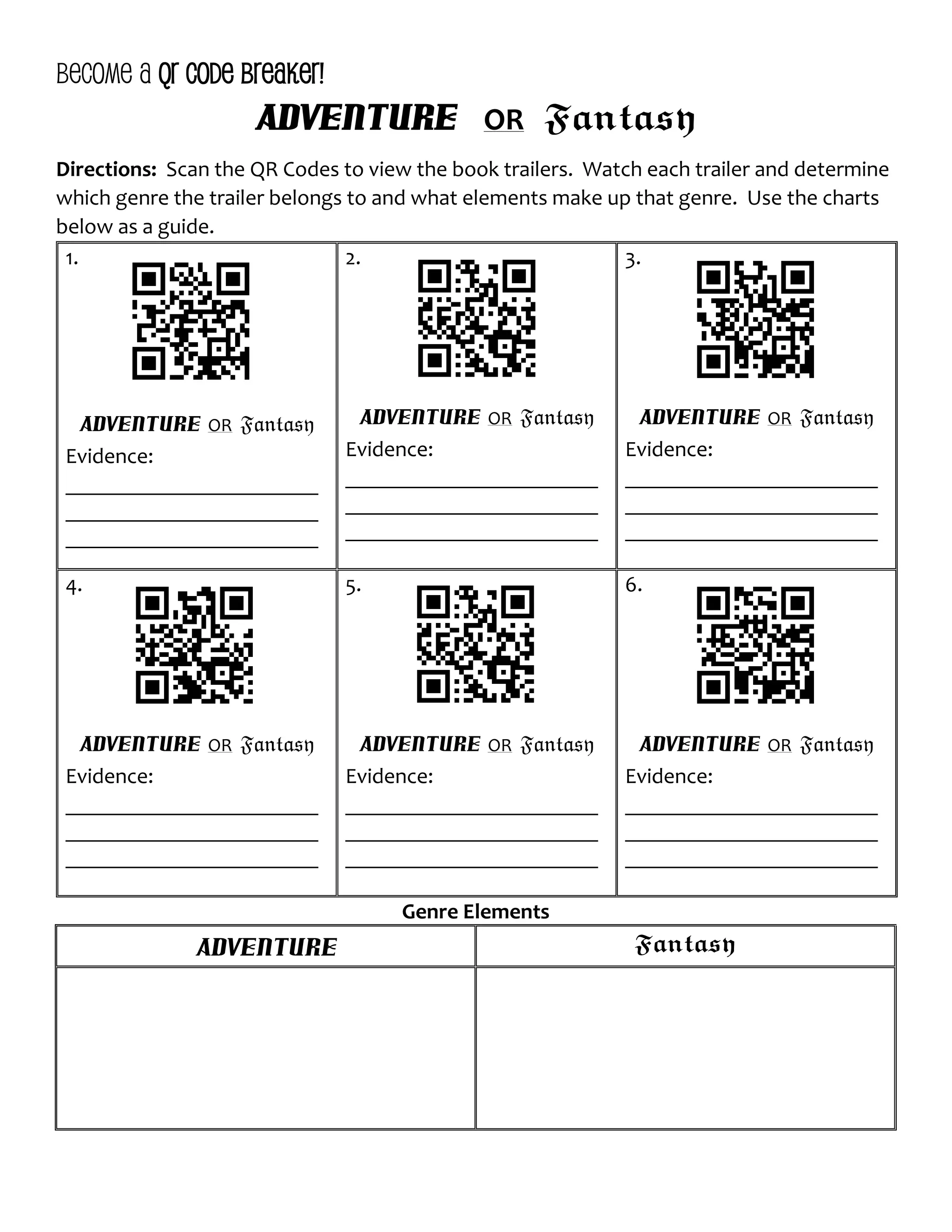 Adventure or Fantasy Genre QR Code Activity | PDF