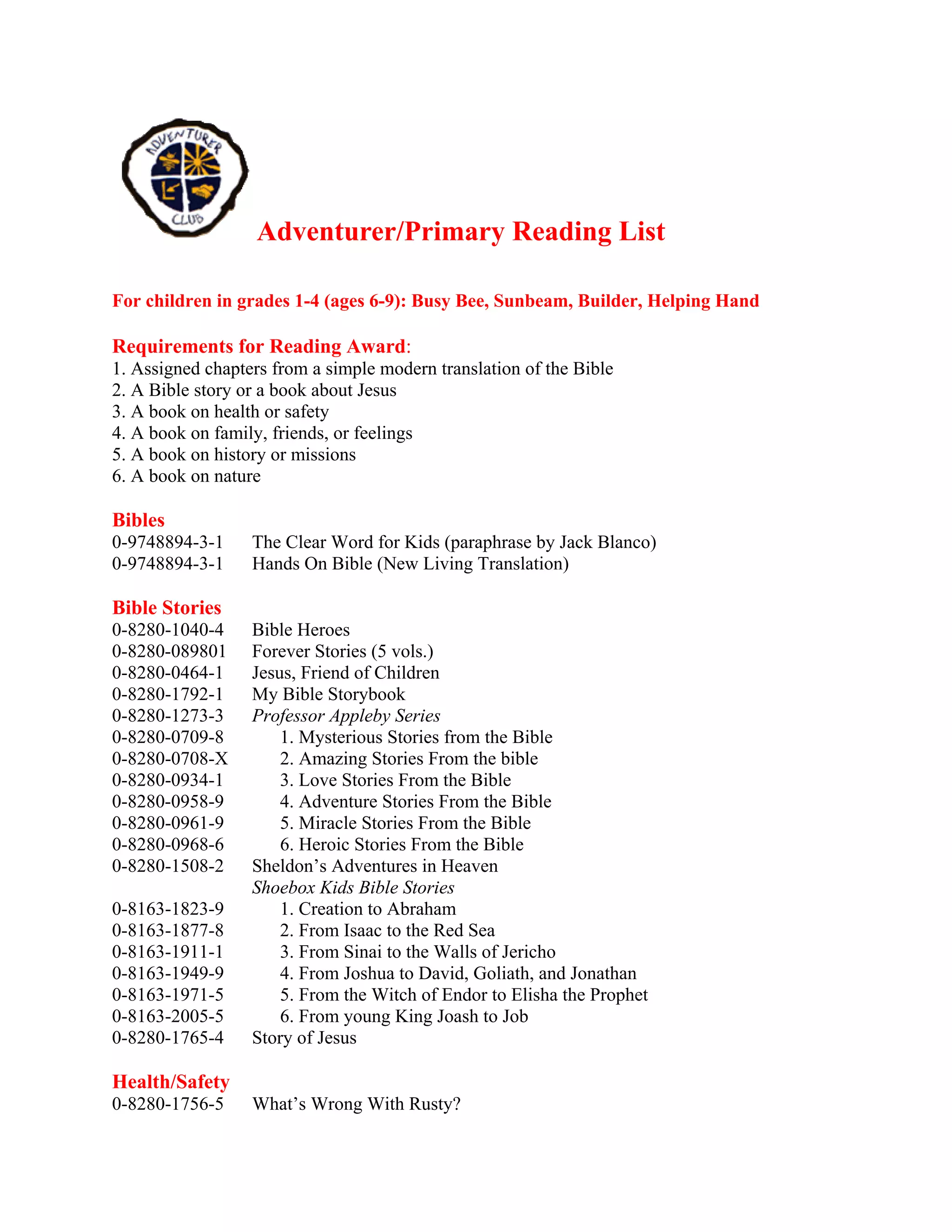 Adventurer readinglist | PDF