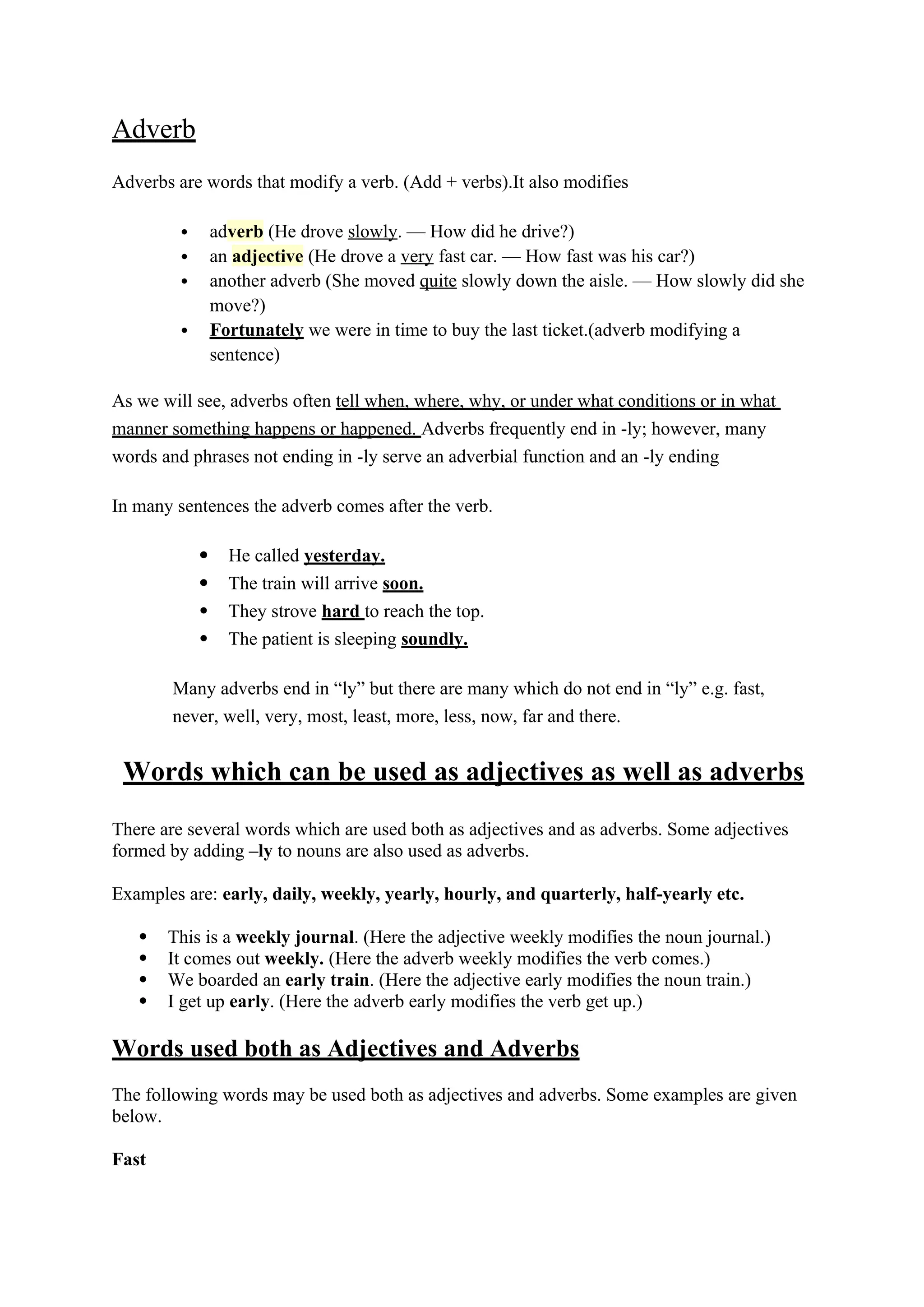 ADVERB Adverbs are words that modify a verb. (Add + verbs). | PDF