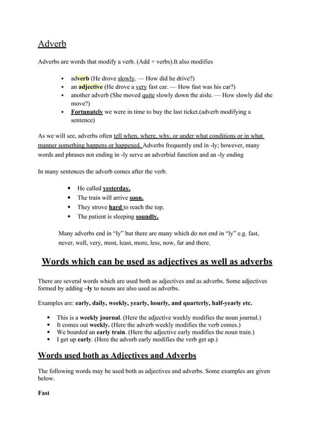 ADVERB Adverbs are words that modify a verb. (Add + verbs). | PDF