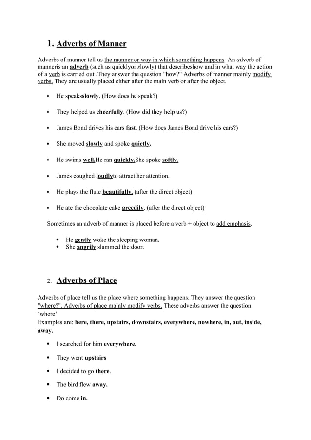 ADVERB Adverbs are words that modify a verb. (Add + verbs). | PDF