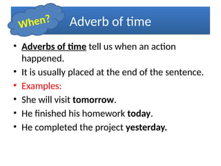 Grammar lesson on Adverb and Its types ( including exercise) | PPTX