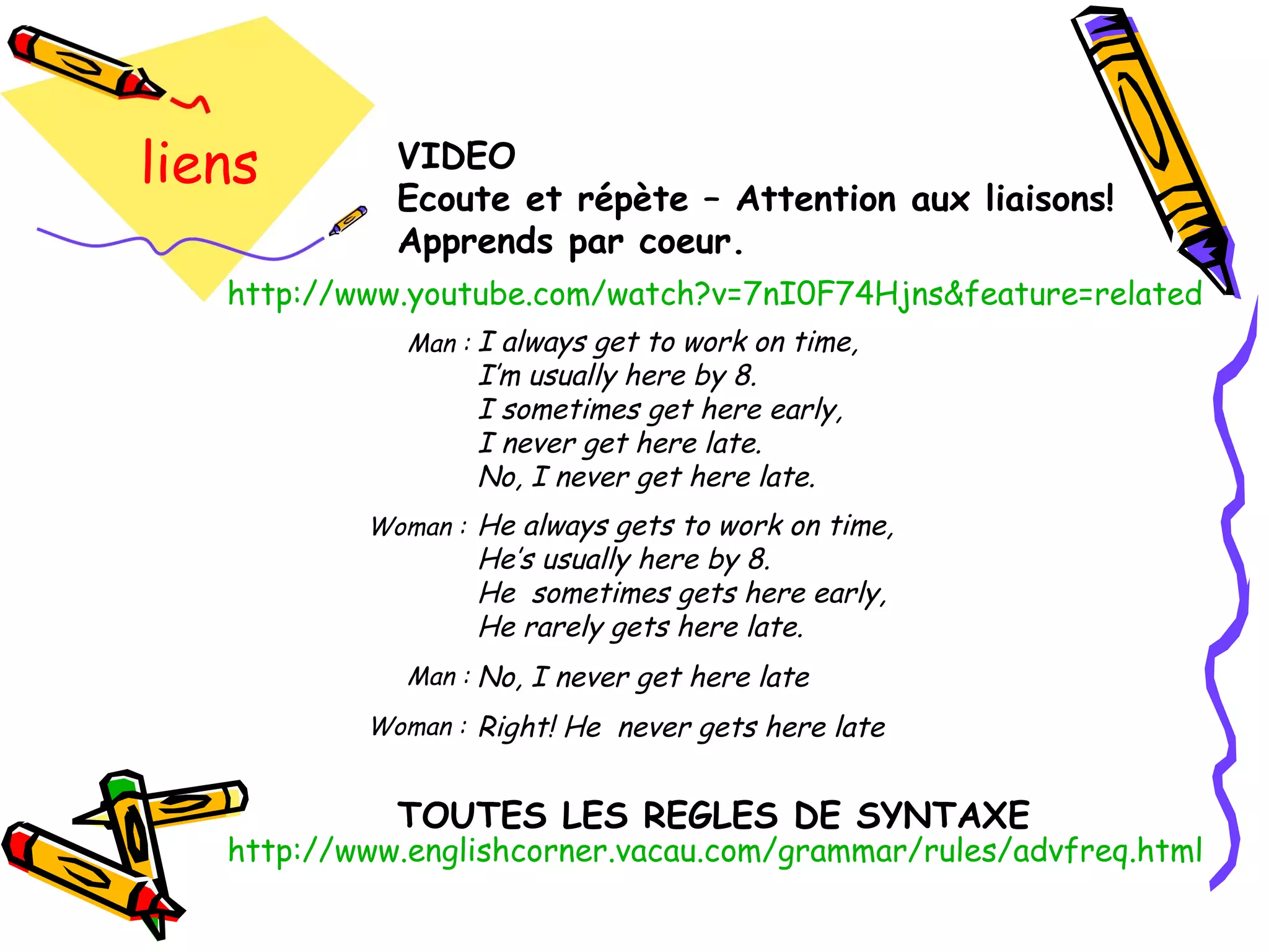 Vocabulaire anglais : adverbes de frequence | PPT