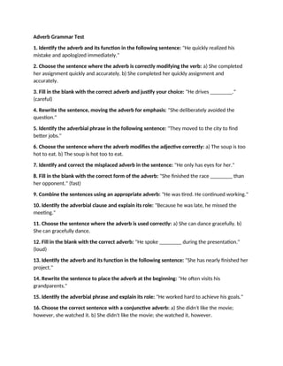 Advanced Grammar Test for Adverbs for Advanced ESL | DOCX