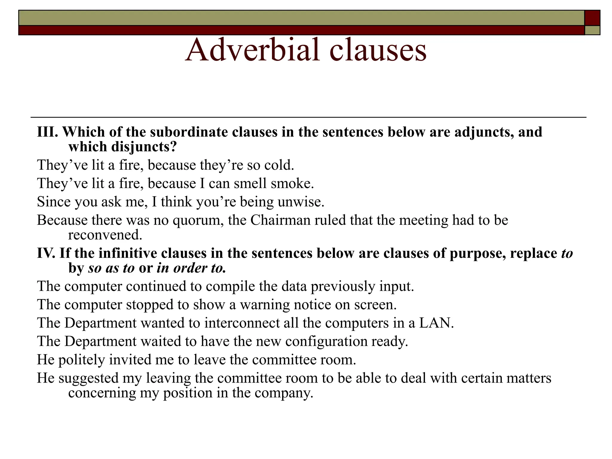 ADVERBIAL CLAUSES WITH EXERCISES AND EXAMPLES | PPT