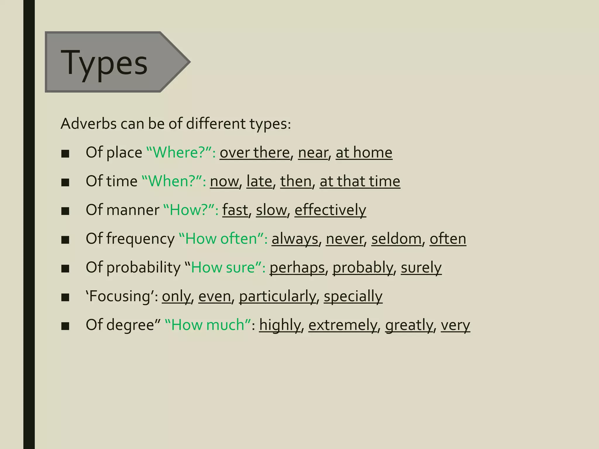 Adverbs -Definition, types, common postions and frequent uses | PPT