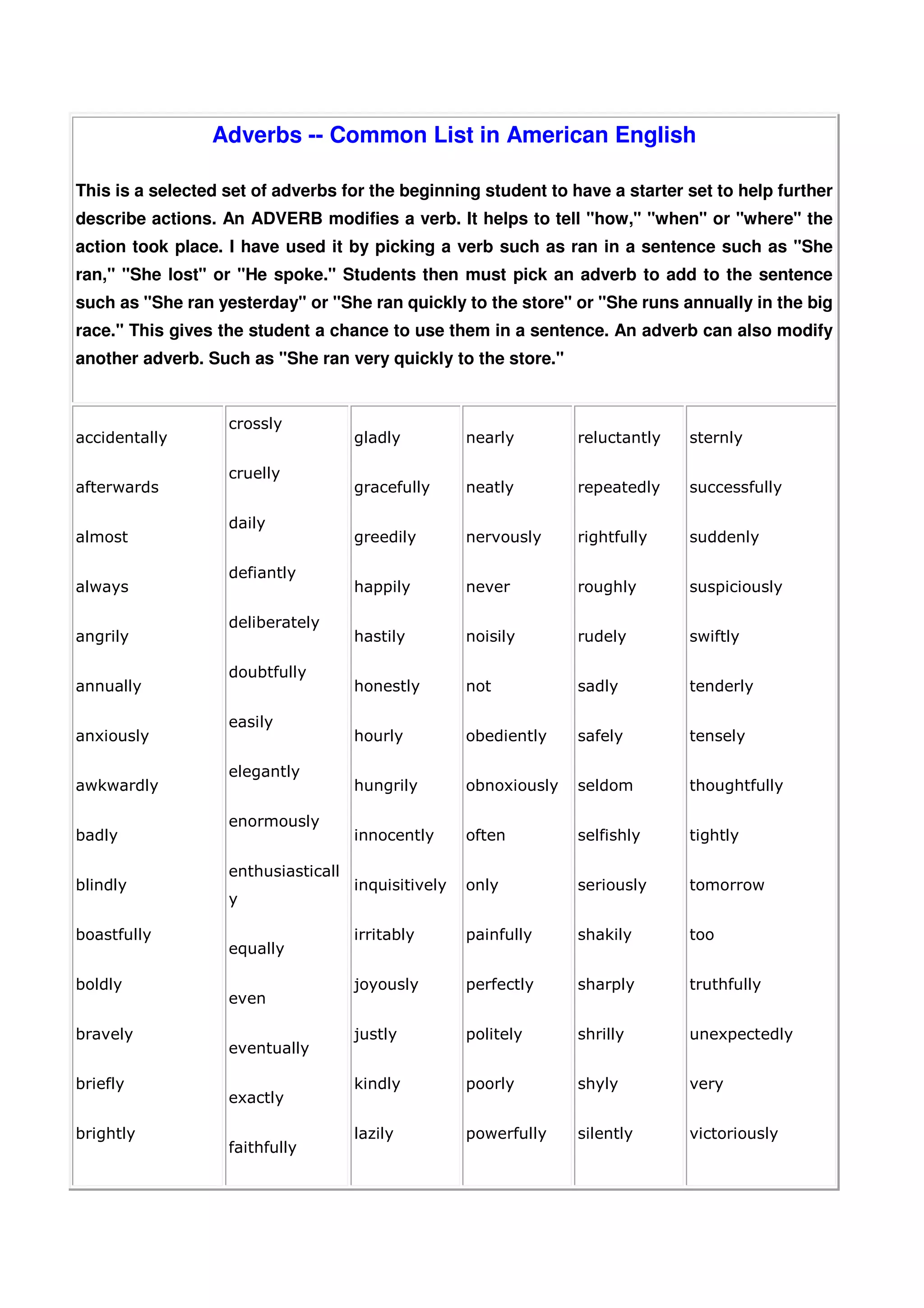 Adverbs common list in American English | PDF