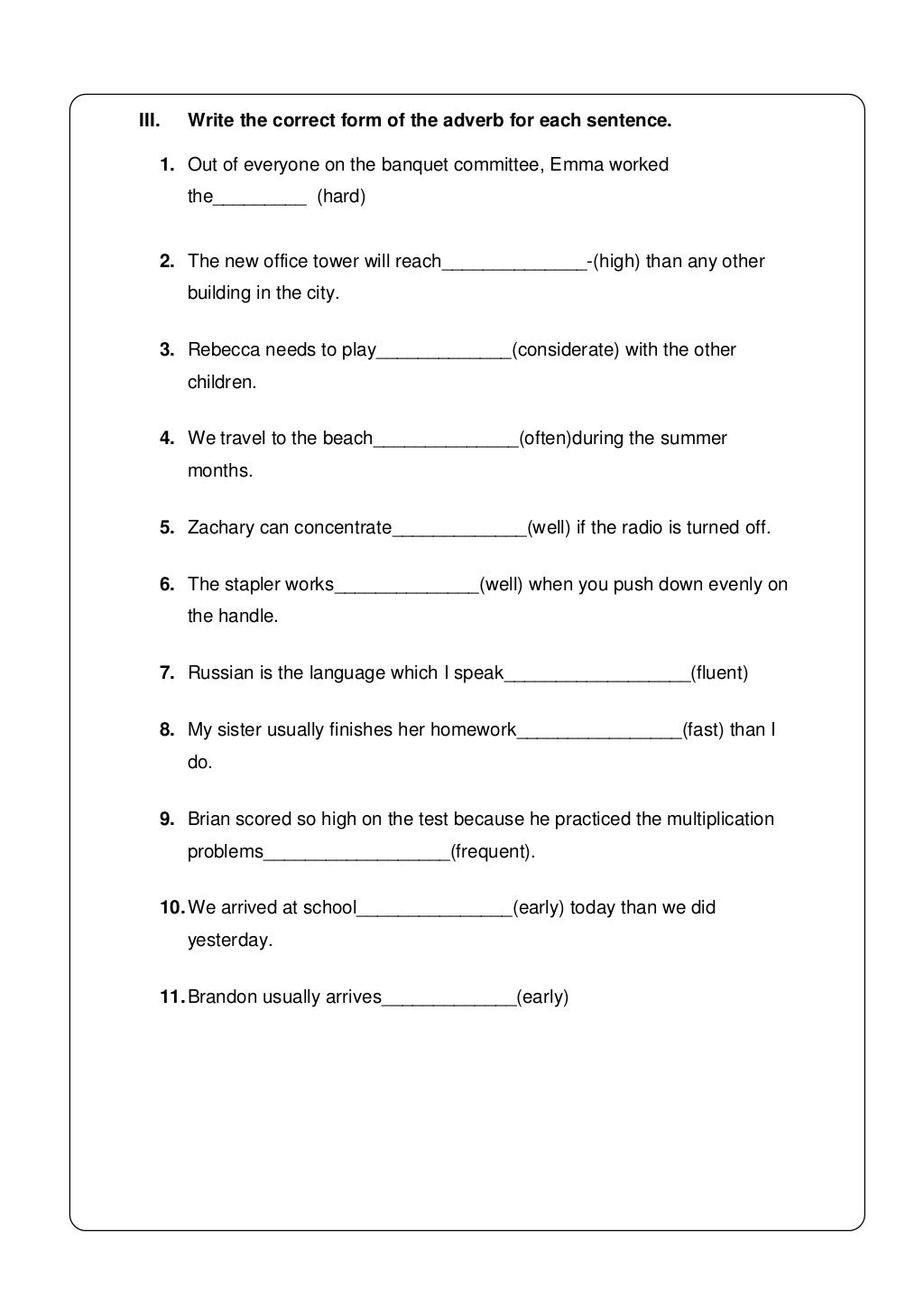 Adverbs worksheet