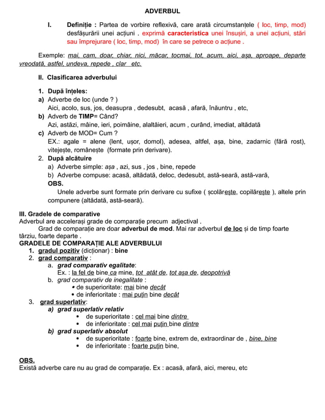 ADVERBUL - definitie , clasificare grade de comparatie | PDF