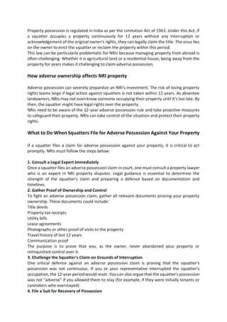 NRI Property Rights: How to Fight Adverse Possession | PDF