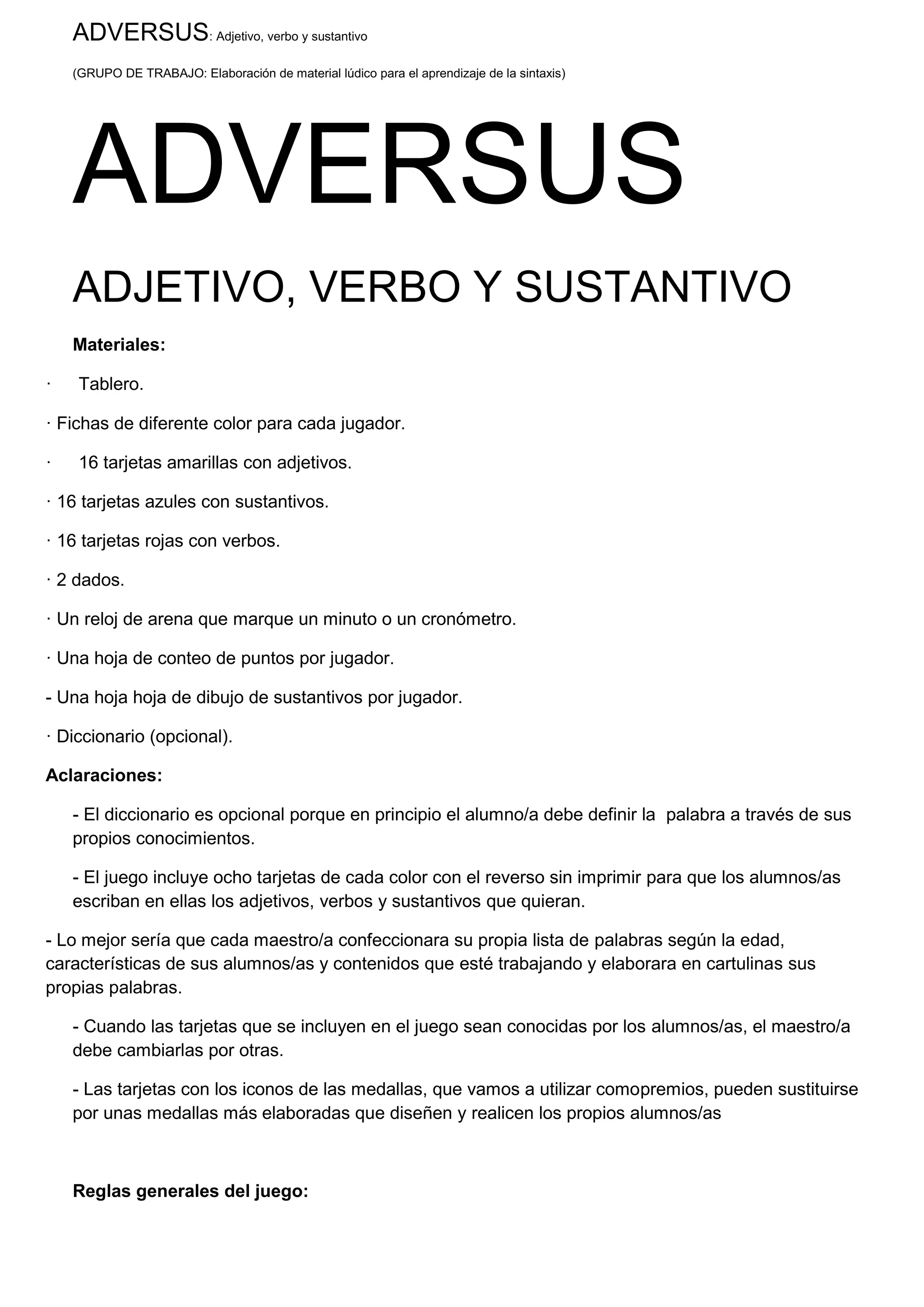 juego de mesa de adjetivos, verbos y sustantivos (ADVERSUS) | PDF