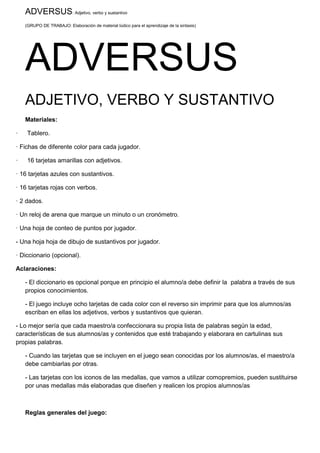 juego de mesa de adjetivos, verbos y sustantivos (ADVERSUS) | PDF