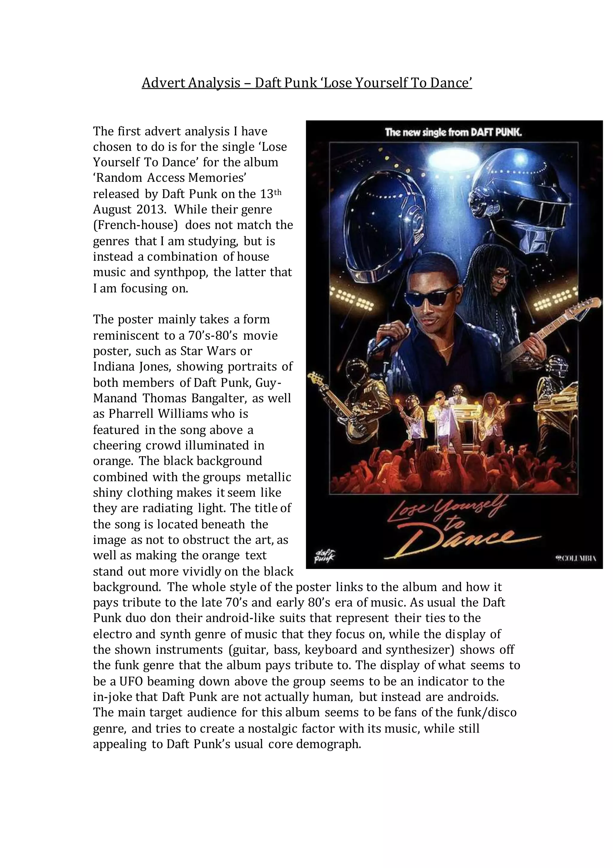 Advert analysis 1 - daft punk 'lose yourself to dance' | DOCX