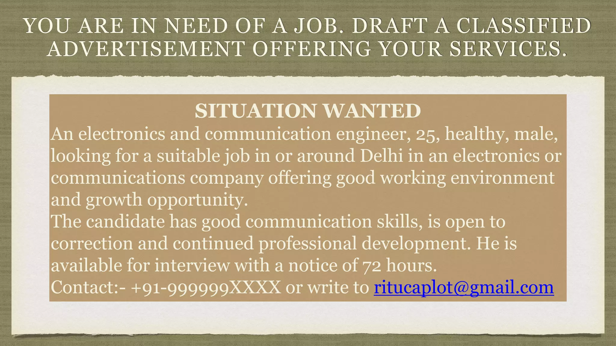 Advertisement — situation vacant and situation wanted | PPTX