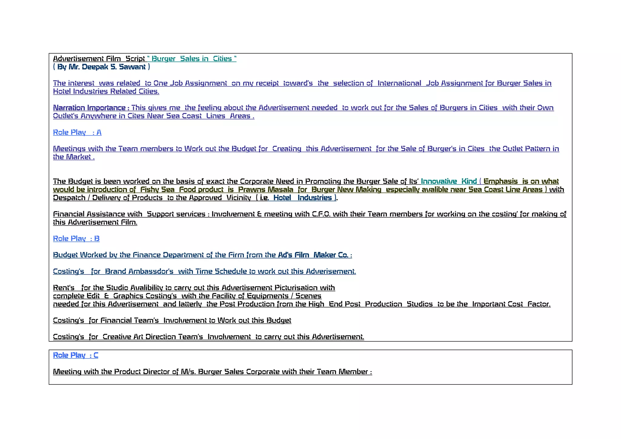 Advertisement film script “ burger sales in cities “ | DOCX