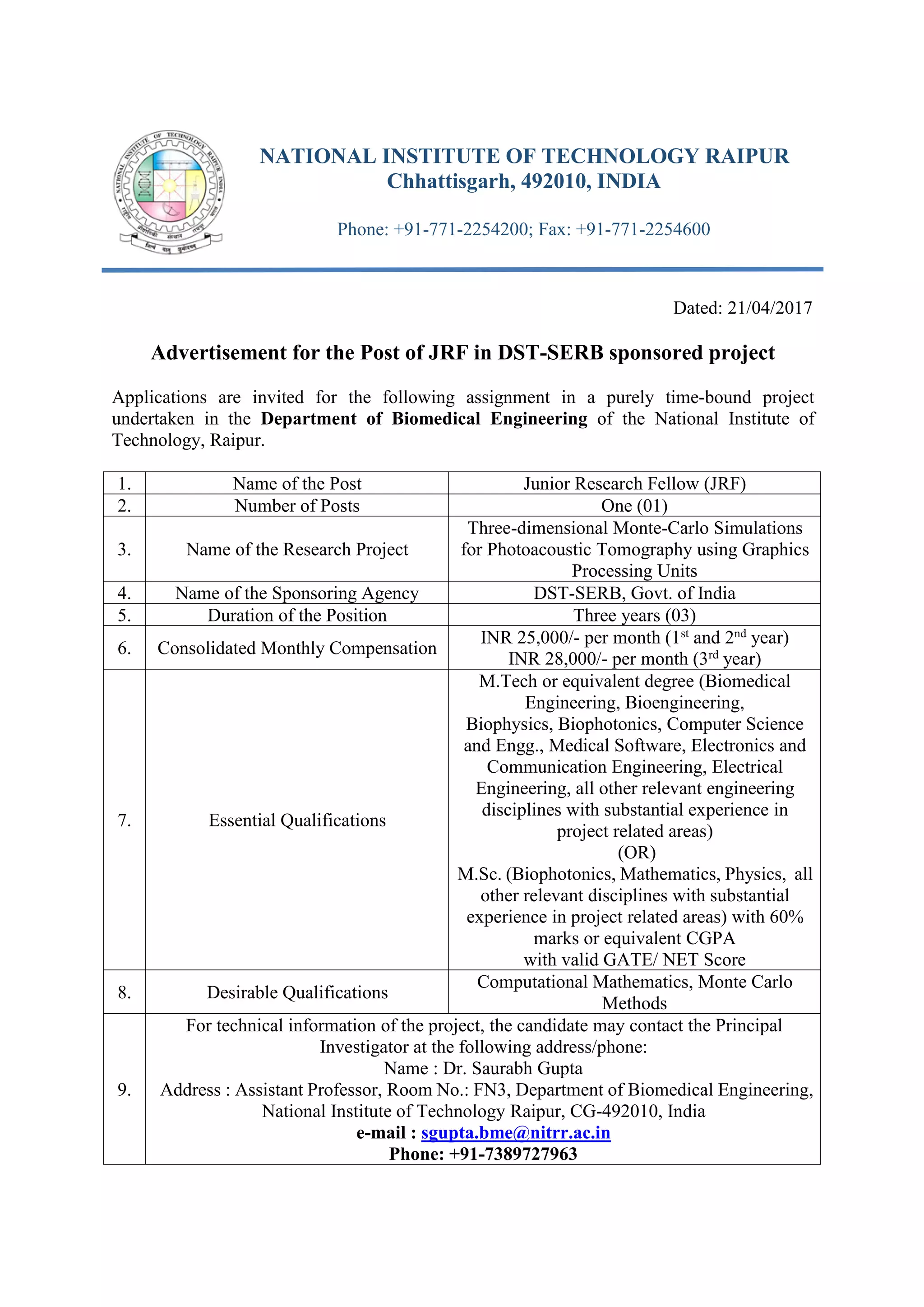 JRF for DST Project, NIT Raipur | PDF