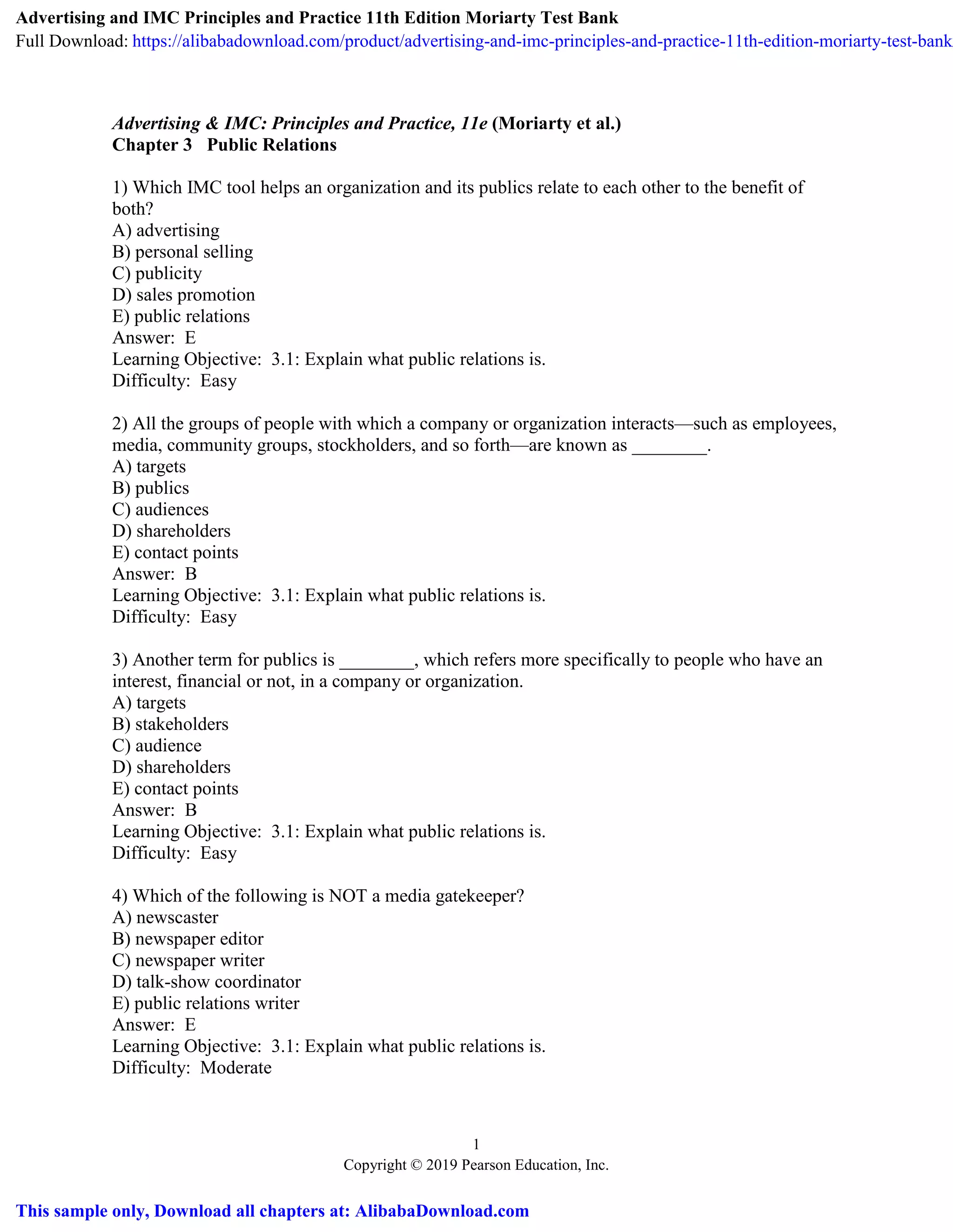 Advertising and IMC Principles and Practice 11th Edition Moriarty Test ...