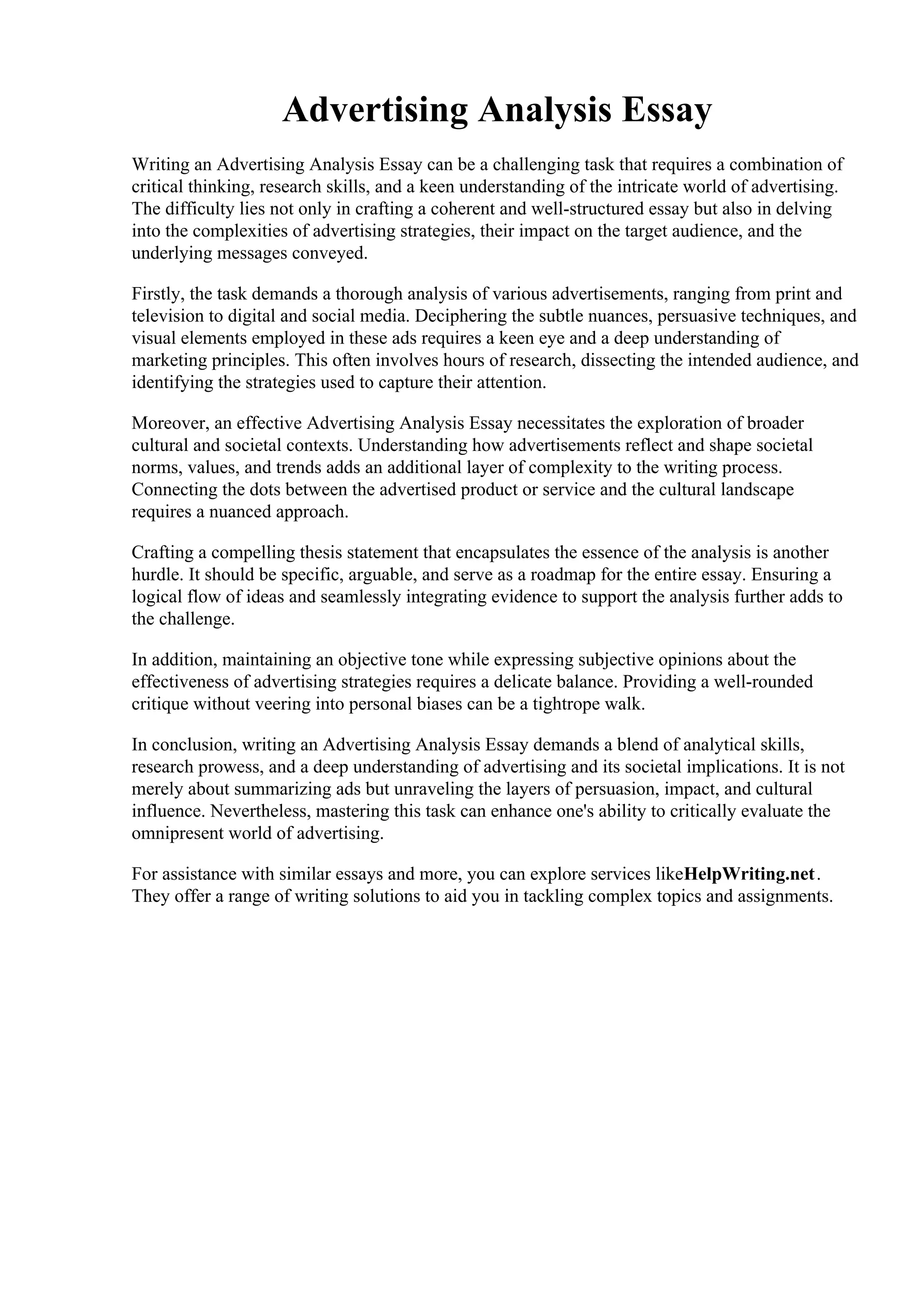 Advertising Analysis Essay. Advertisement Analysis Essay Example | PDF