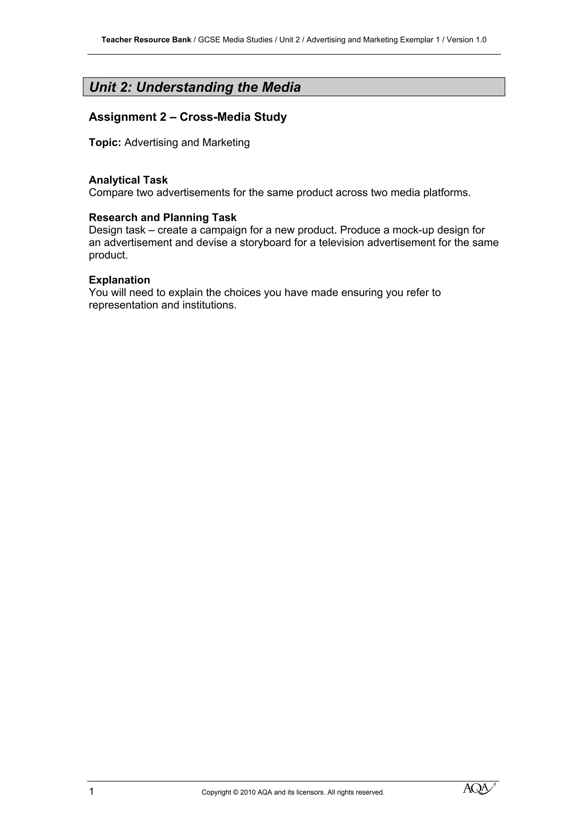 GCSE CROSS MEDIA ASSIGNMENT 2 exam board full marks example | PDF