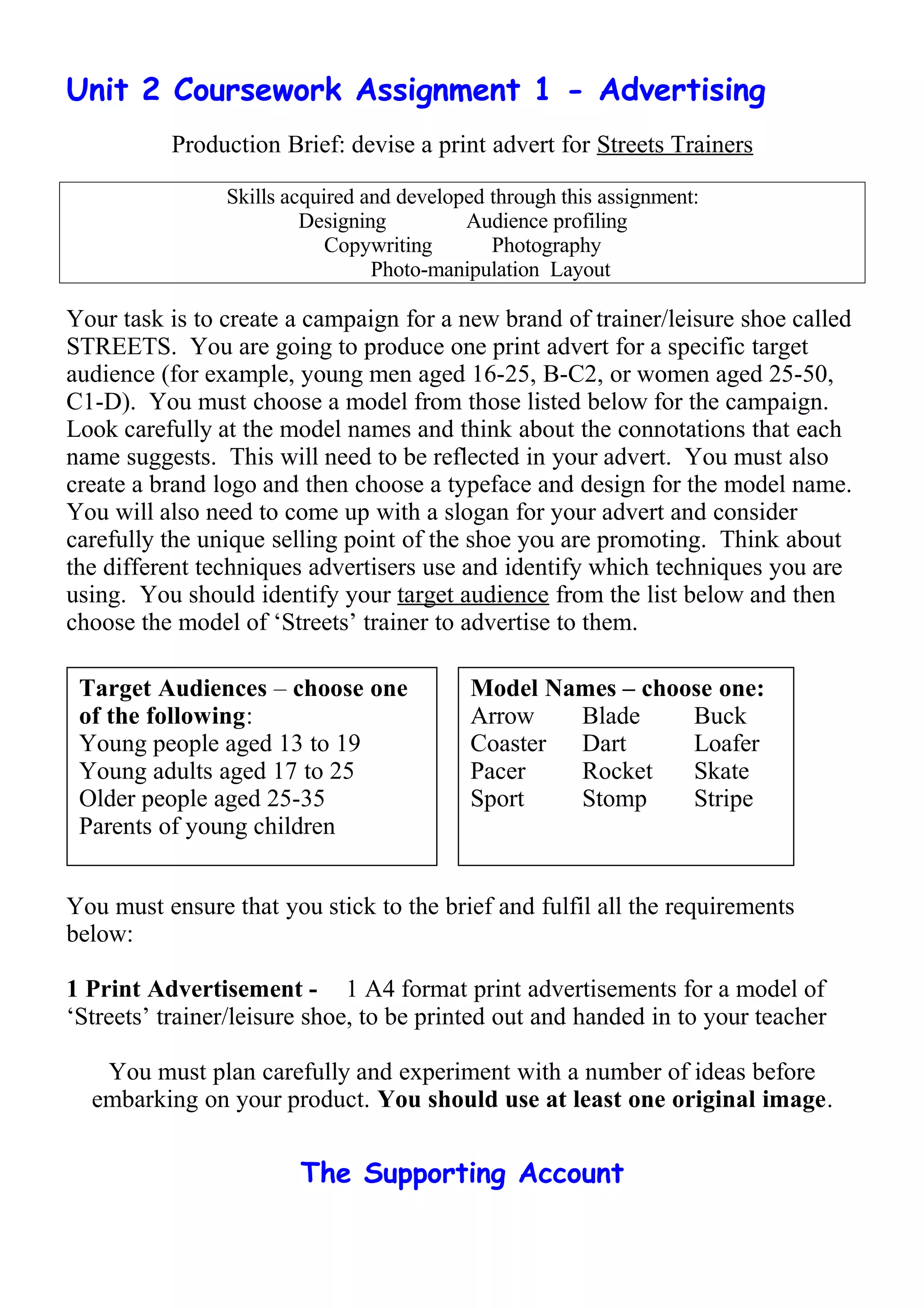 GCSE Yr 10 Advertising Brief: Trainers Advert | DOC