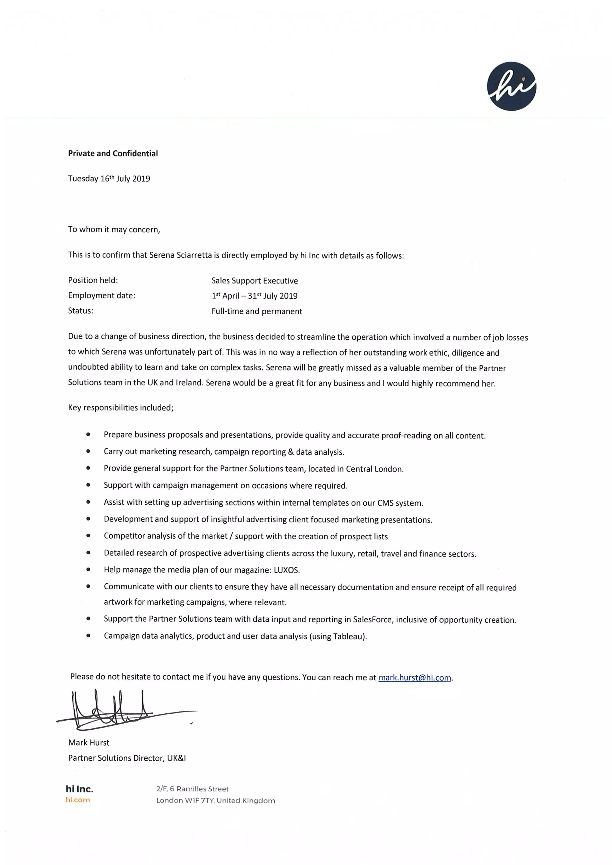 Advertising Sales Support Executive Reference Letter | PDF