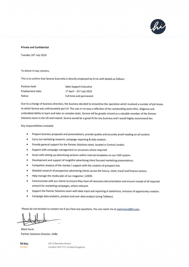 Advertising Sales Support Executive Reference Letter | PDF