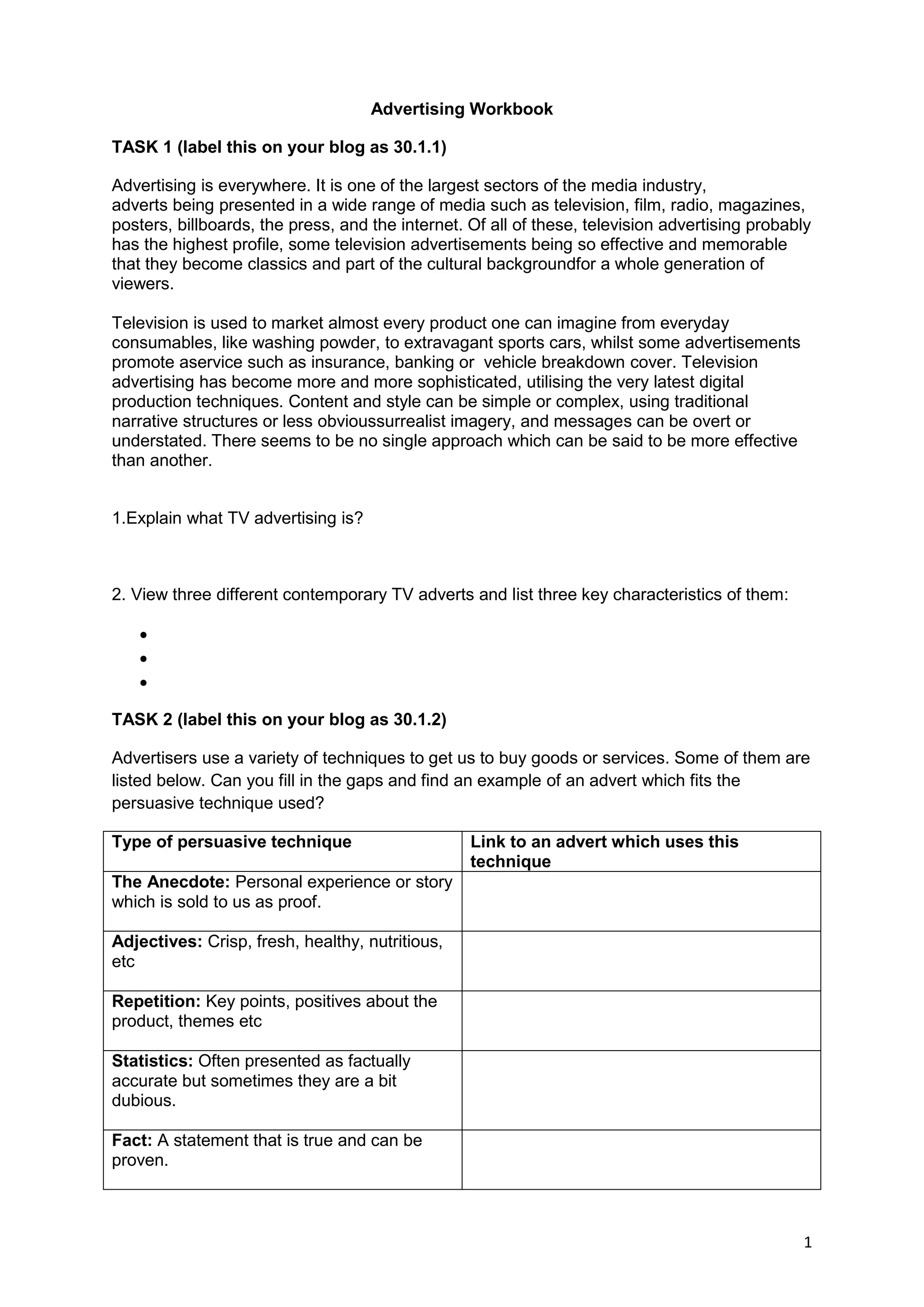Advertising workbook | DOCX