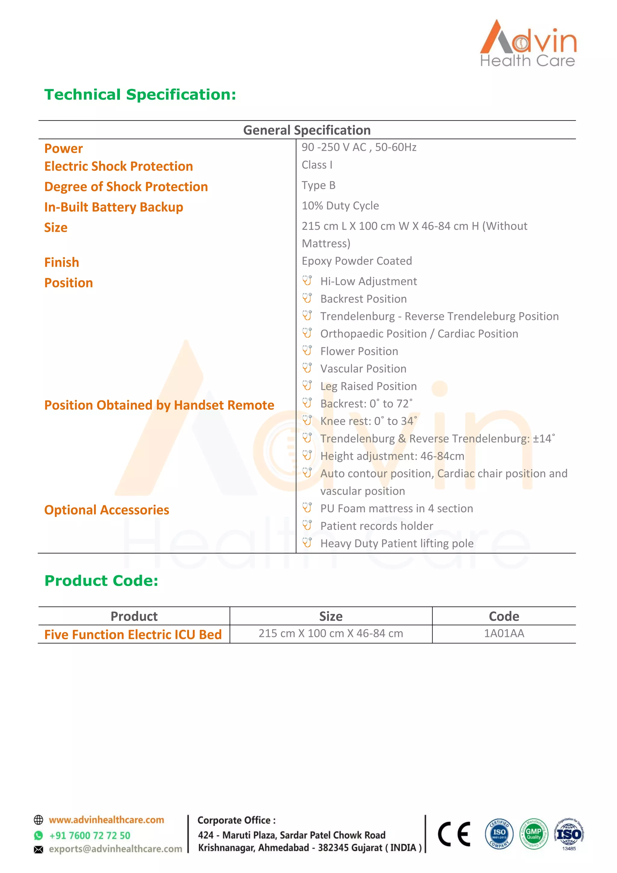 Advin Five function Electric ICU Bed | PDF