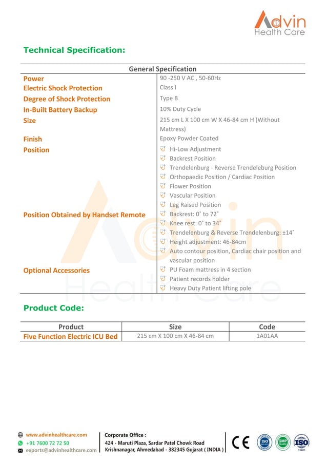 Advin Five function Electric ICU Bed | PDF
