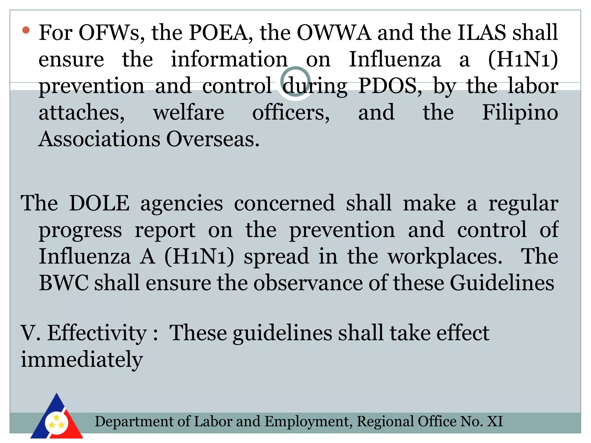Advisory no. 4 guidelines on h1 n1 at the workplace | PPT