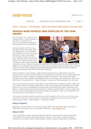 Advoco wins pepsico 2009 supplier of the year award | PDF