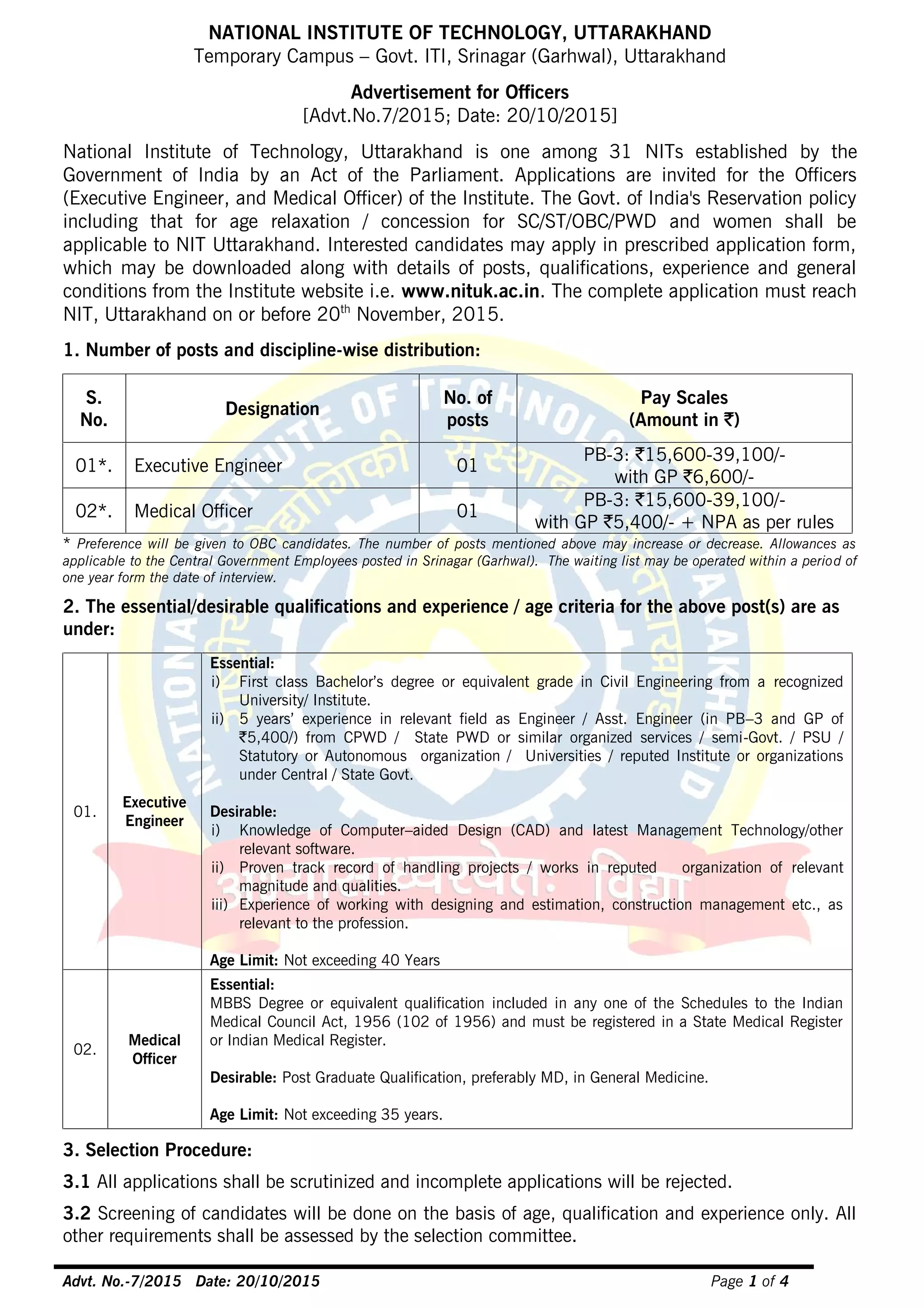 Jobs in National Institute of Technology uttrakahnd | PDF