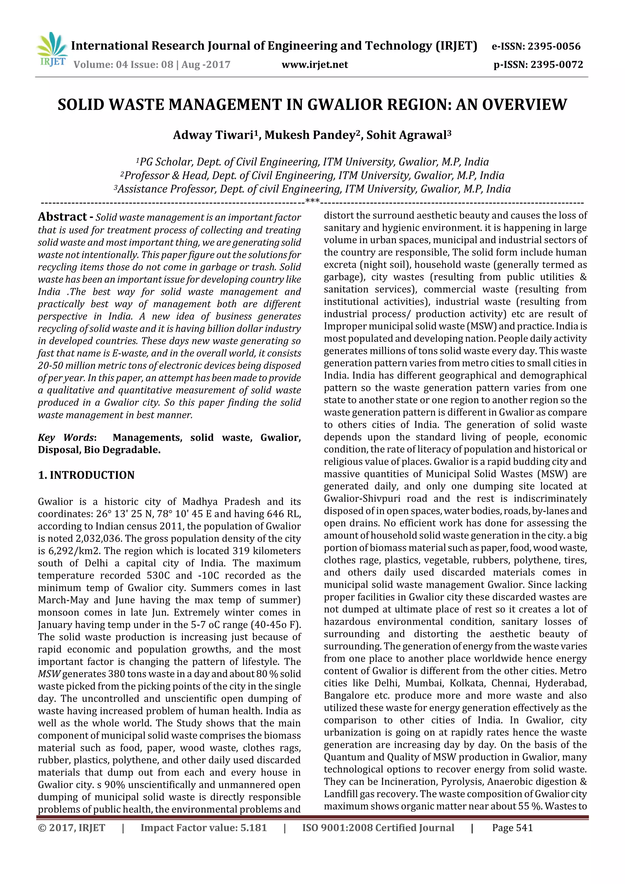 SOLID WASTE MANAGEMENT IN GWALIOR REGION: AN OVERVIEW | PDF