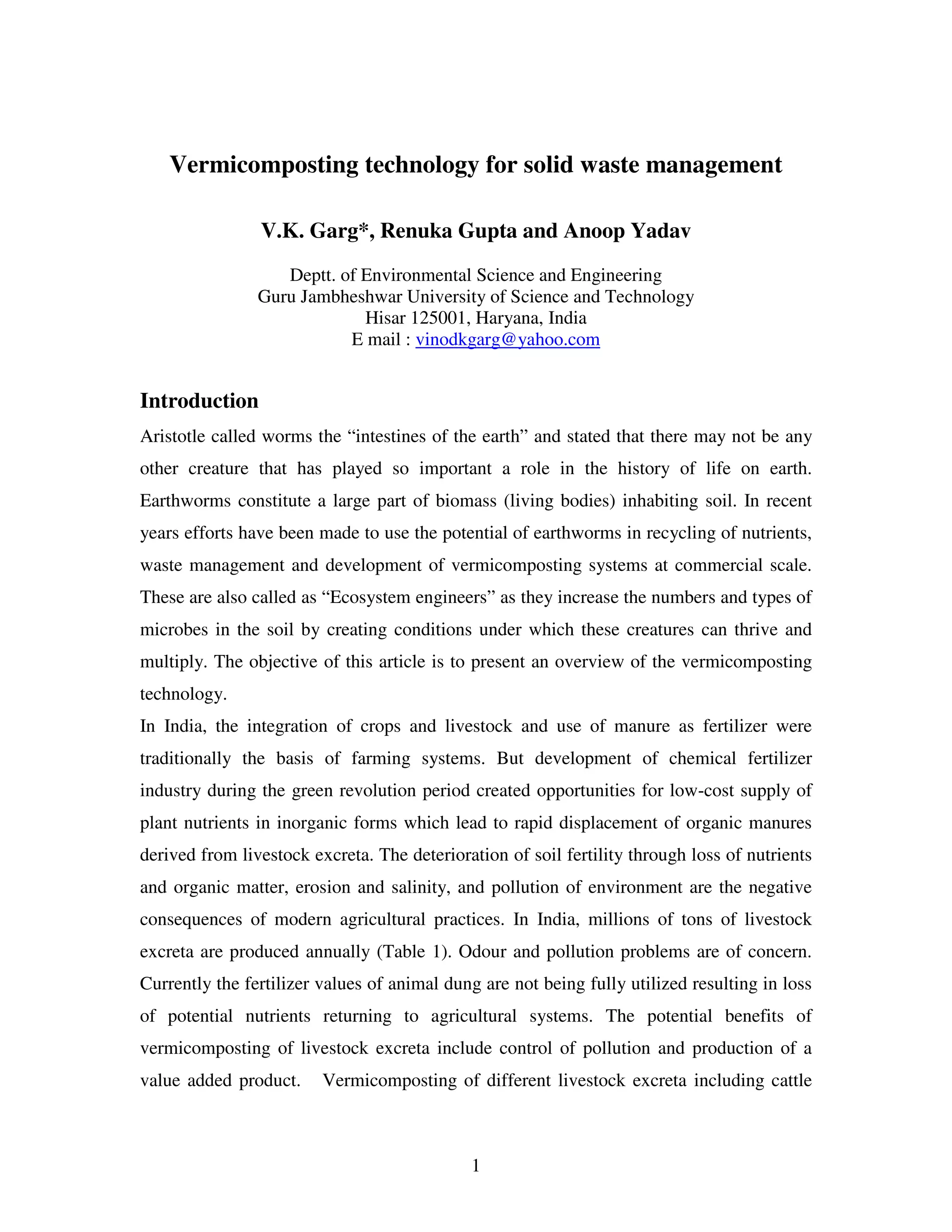 Vermicomposting Technology for Solid Waste Management | PDF