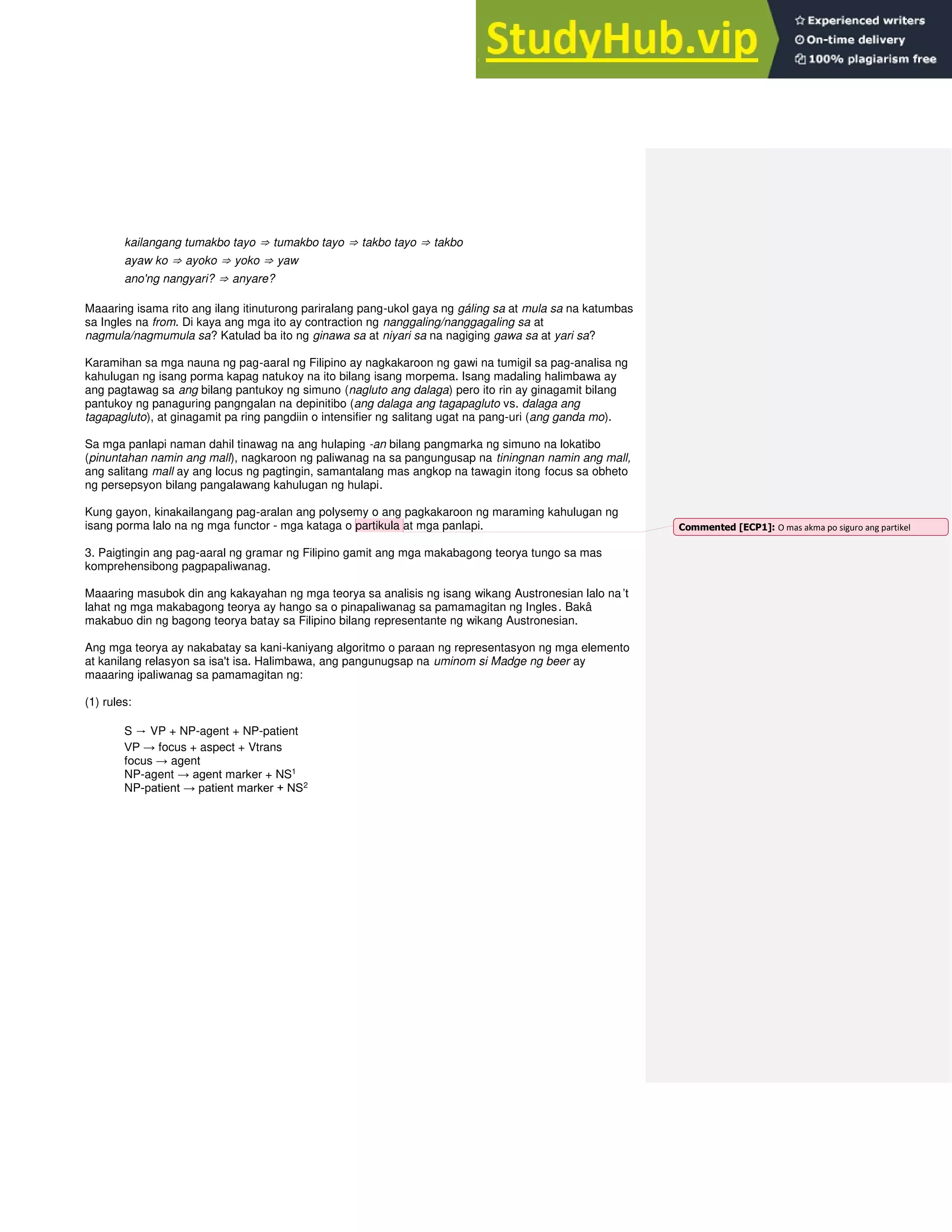 ADYENDA SA PANANALIKSIK SA GRAMAR NG FILIPINO | PDF