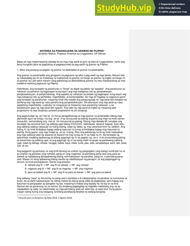 ADYENDA SA PANANALIKSIK SA GRAMAR NG FILIPINO | PDF