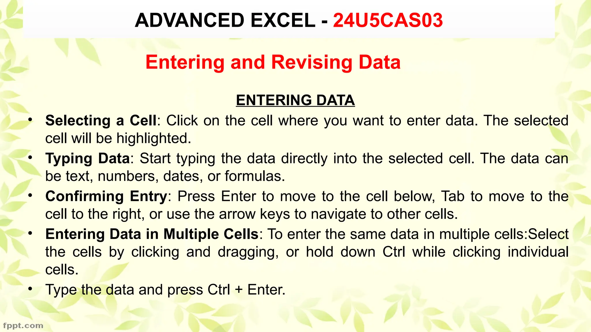 Entering data and Revising data in Excel | PPTX