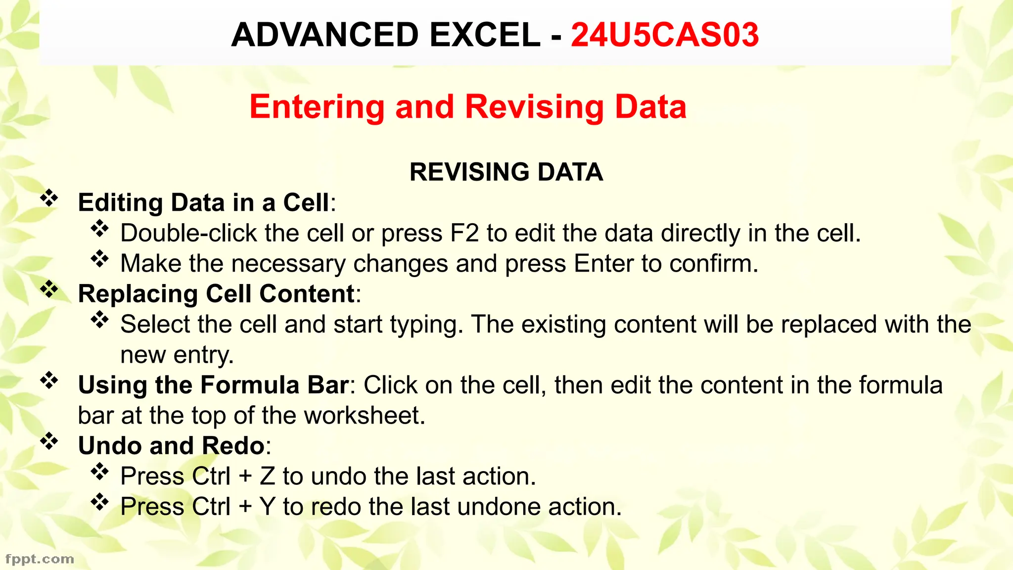 Entering data and Revising data in Excel | PPTX