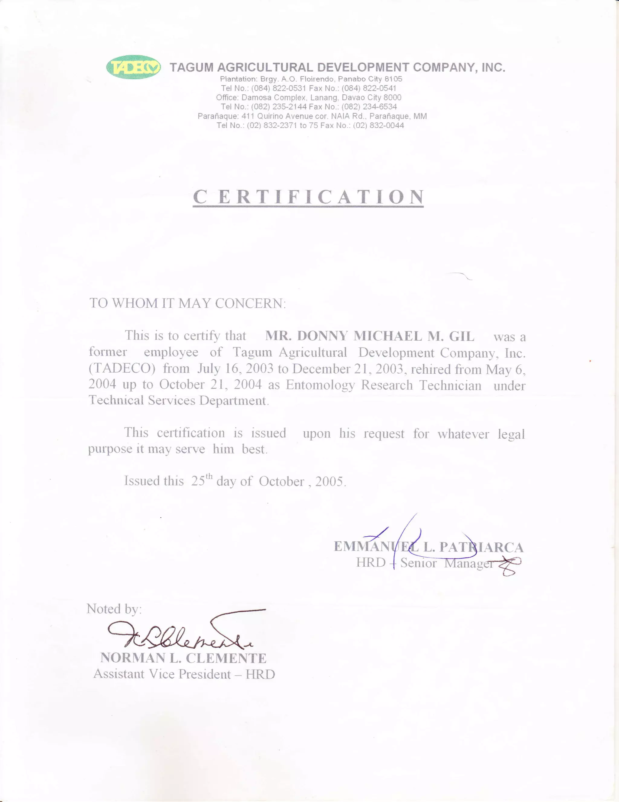 Certificate of Employment of TADECO | PDF