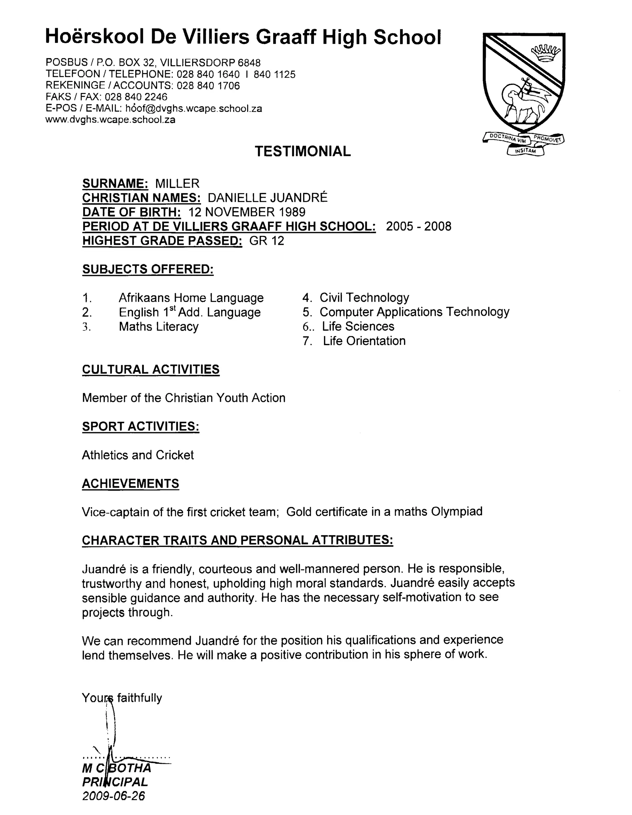 Testimonial I received at Matriculation in 2008 | PDF
