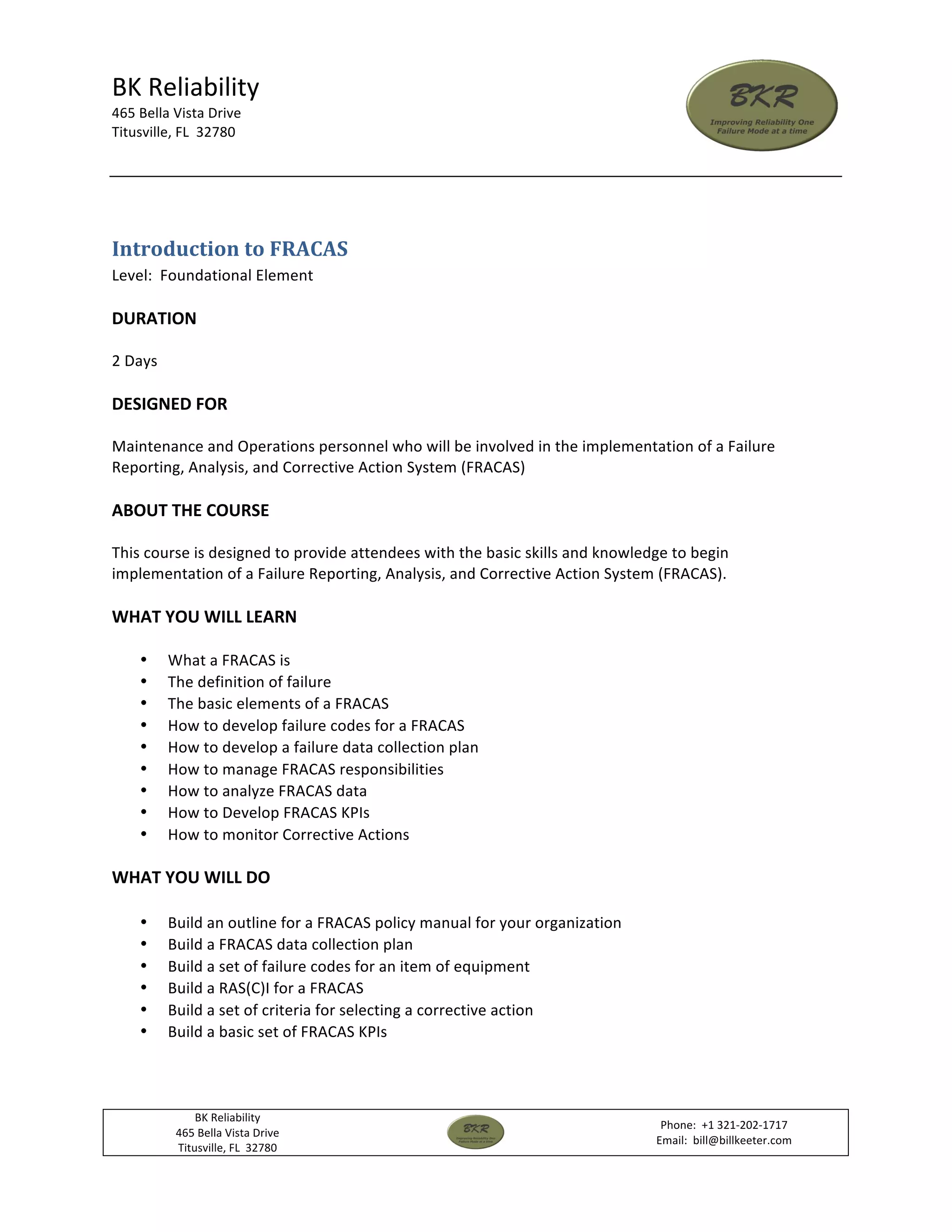 Introduction_to_FRACAS - Course_Outline | PDF