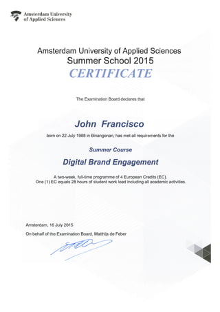 Certification - Digital Brand Engagement - John K Francisco | PDF