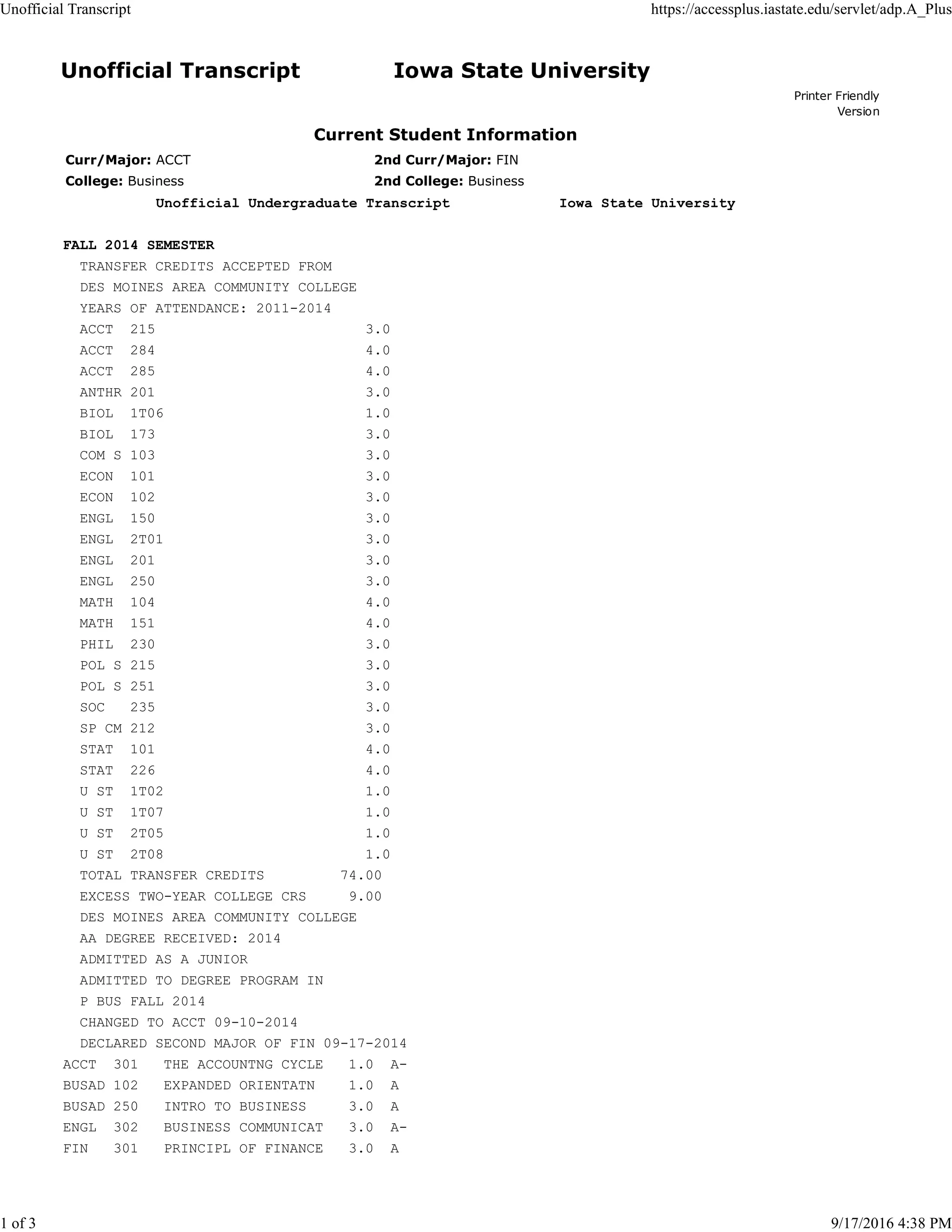 Unofficial Transcript | PDF