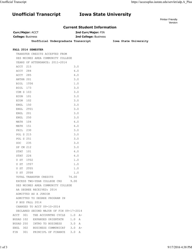 Unofficial Transcript | PDF