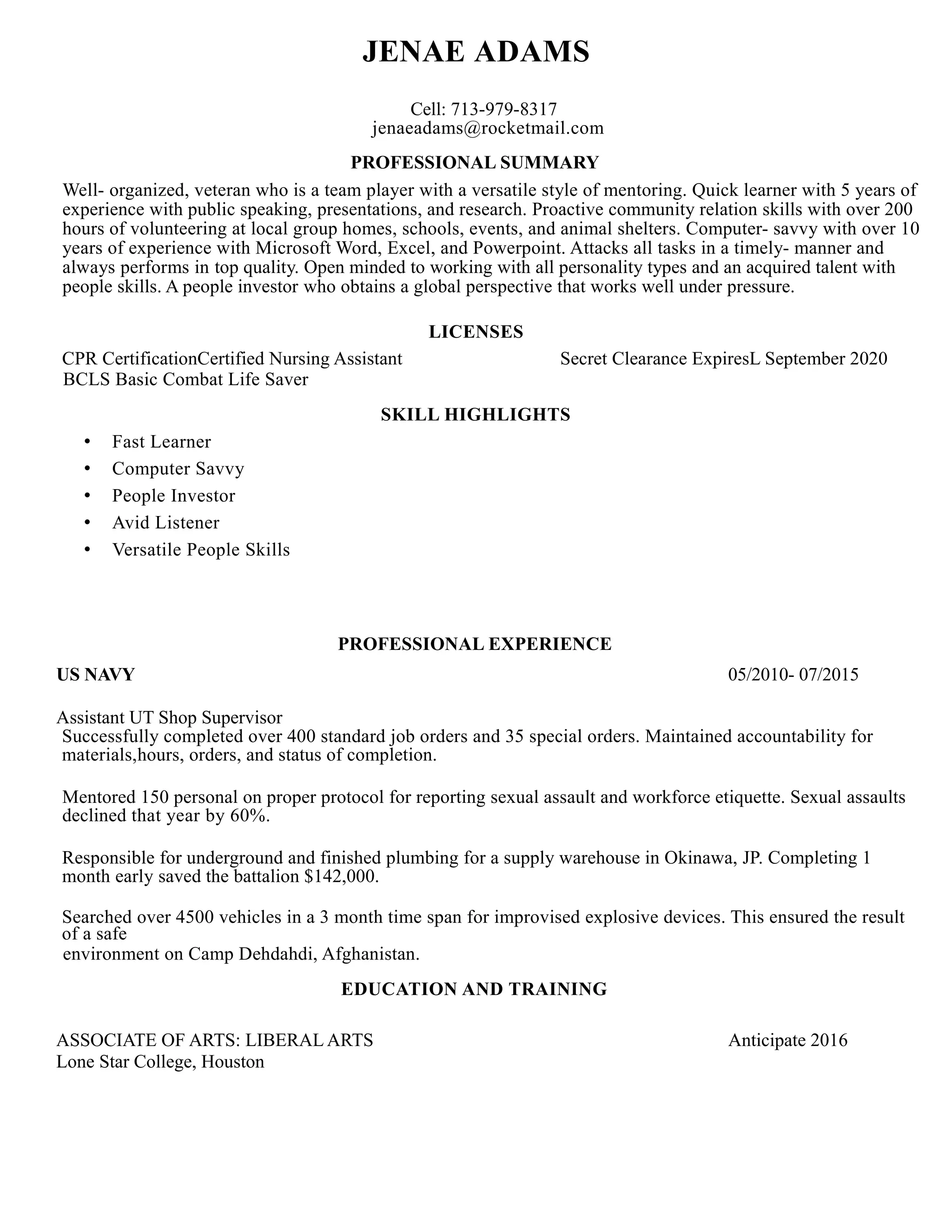 Jenae Adams Resume | ODT | Education